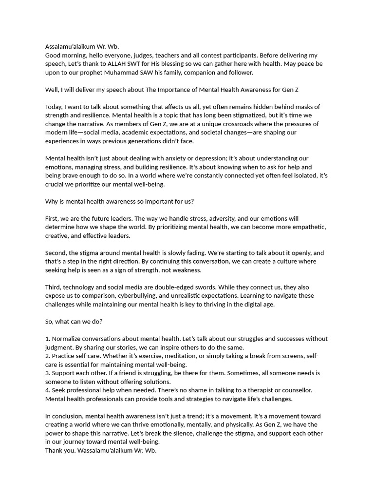 The Importance of Mental Health Awareness for Gen Z | PDF | Mental ...