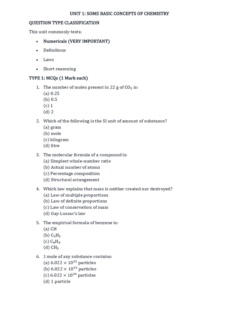 Basic Chemistry Concepts and Questions | PDF | Mole (Unit) | Molecules
