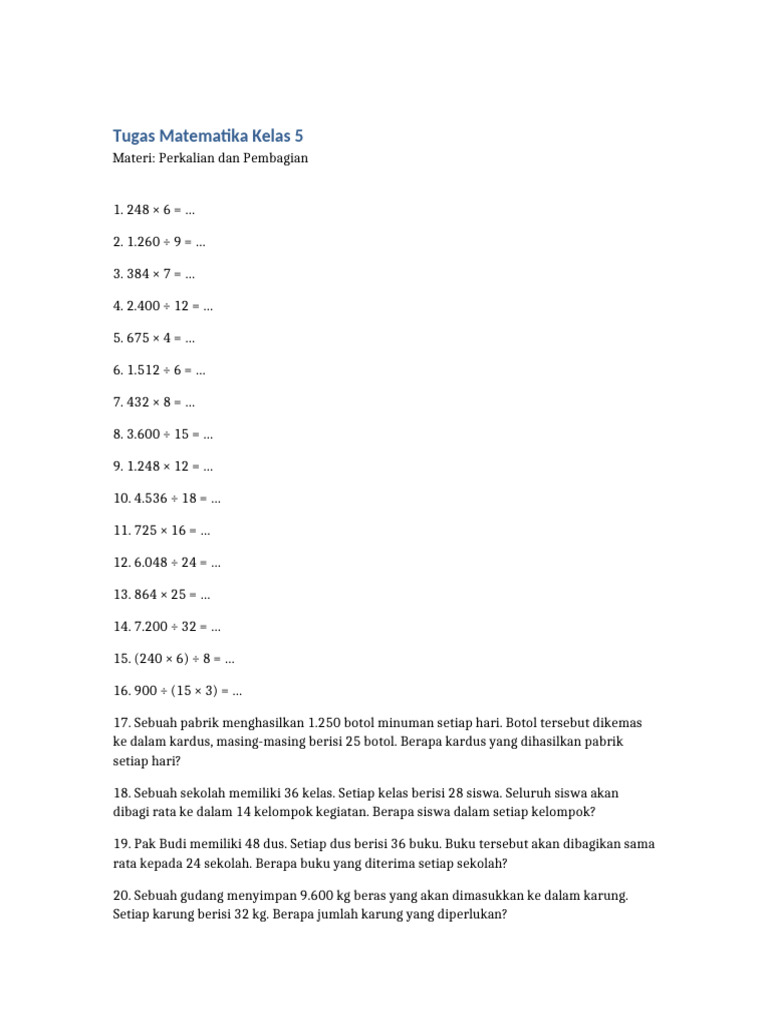 Tugas Matematika Kelas 5: Perkalian & Pembagian | PDF