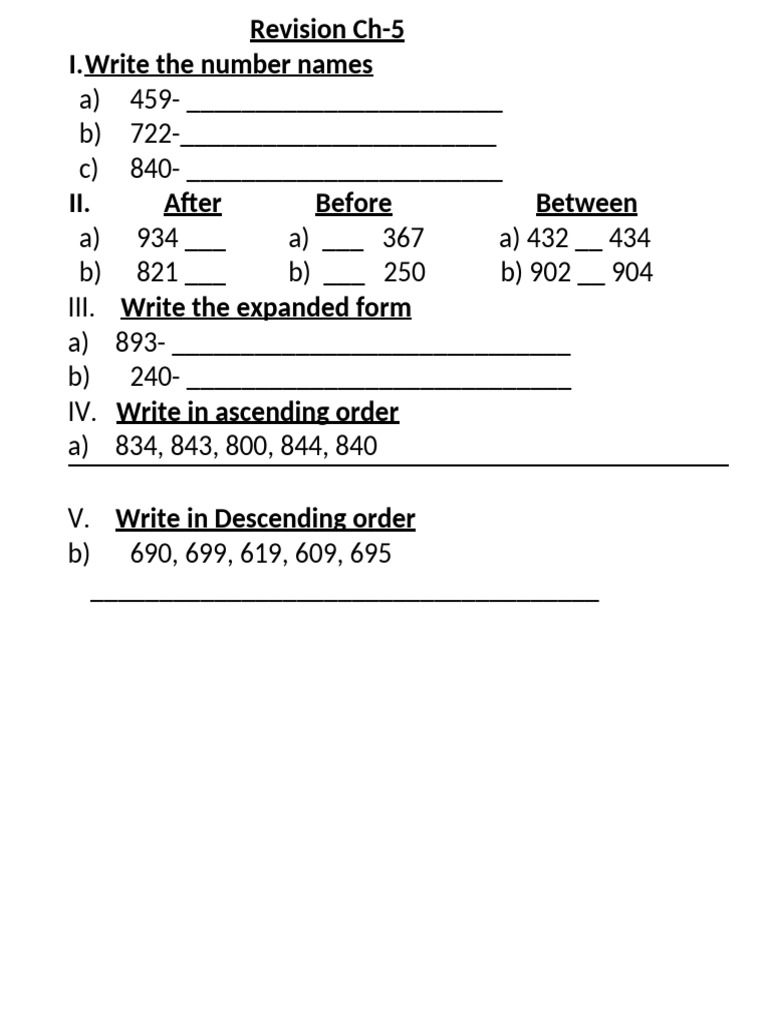 Number Names and Order Exercises | PDF