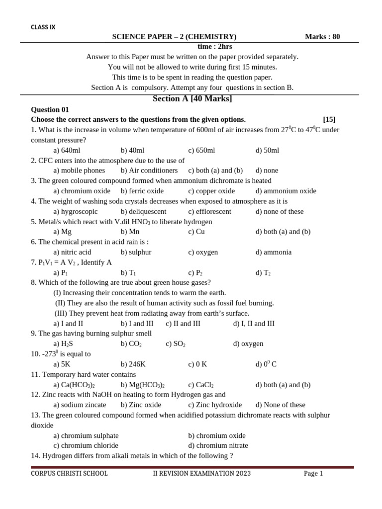 Class IX Chemistry Exam Paper | PDF | Solubility | Oxide