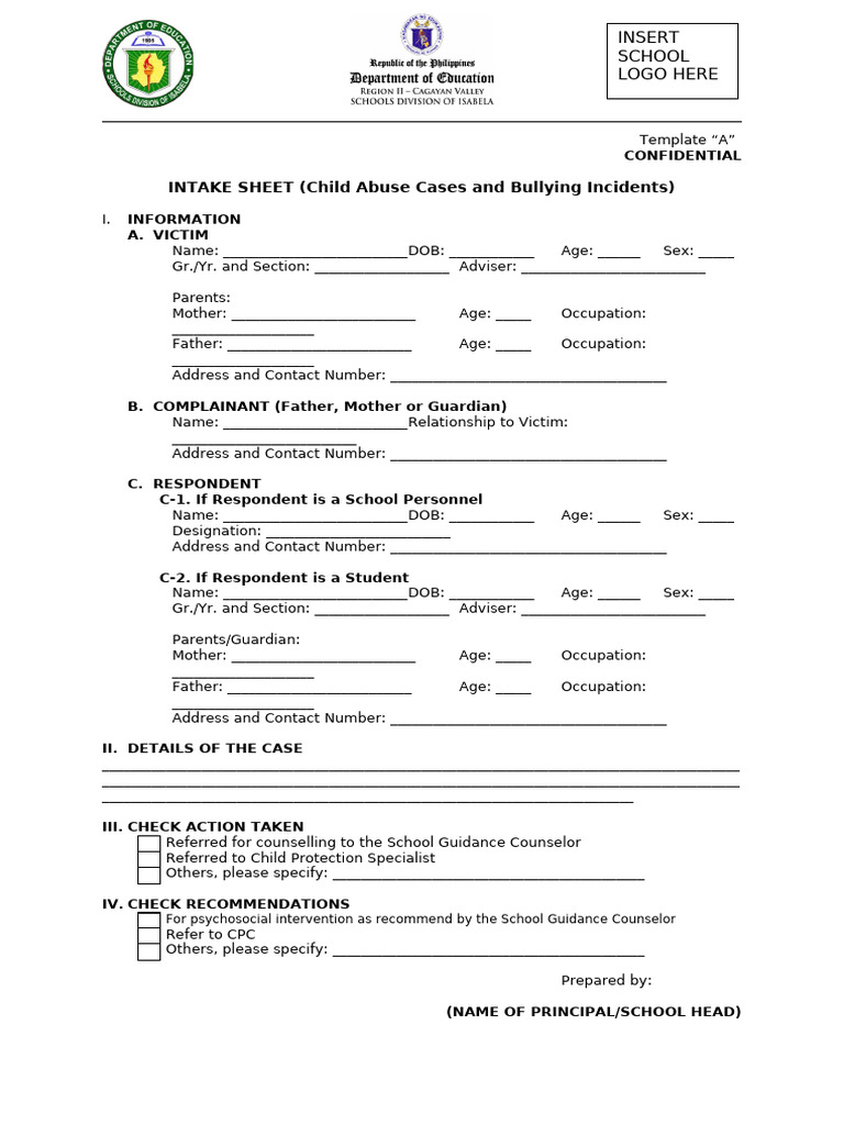 Child Abuse and Bullying Intake Sheet | PDF | Crimes | Crime & Violence