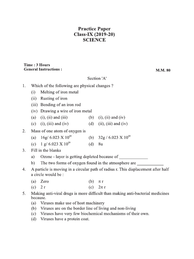 9 Science Sample Paper 2020 Set 1 Unsolved (1) | PDF