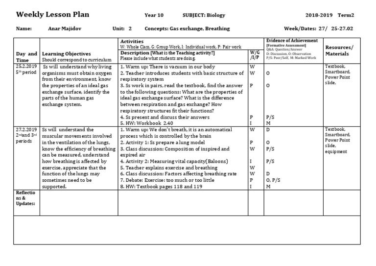 Lesson Plan Gas Exchange | PDF | Breathing | Respiratory System