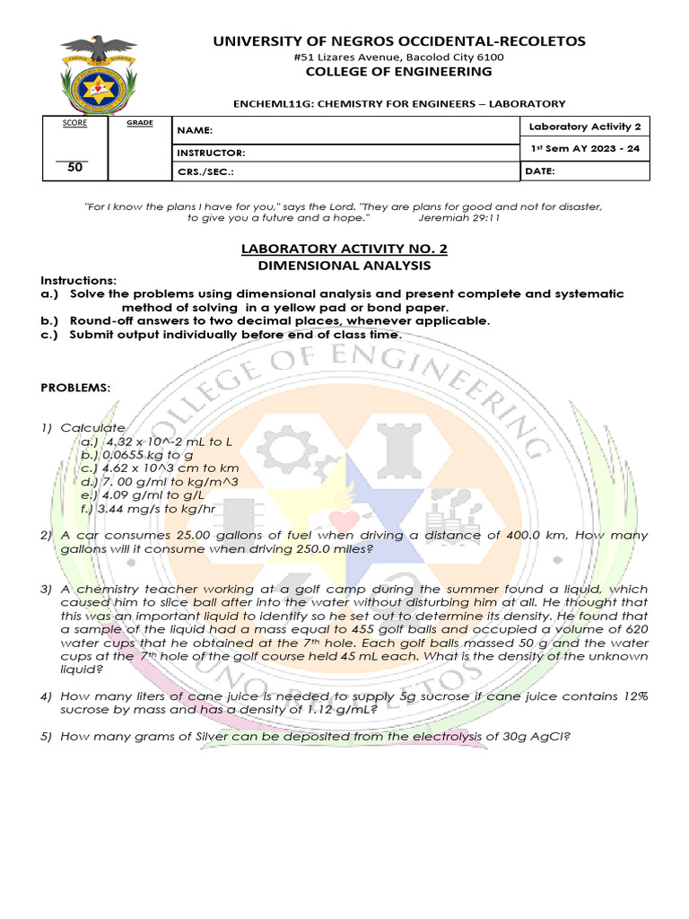 Dimensional Analysis Lab Activity Guide | PDF