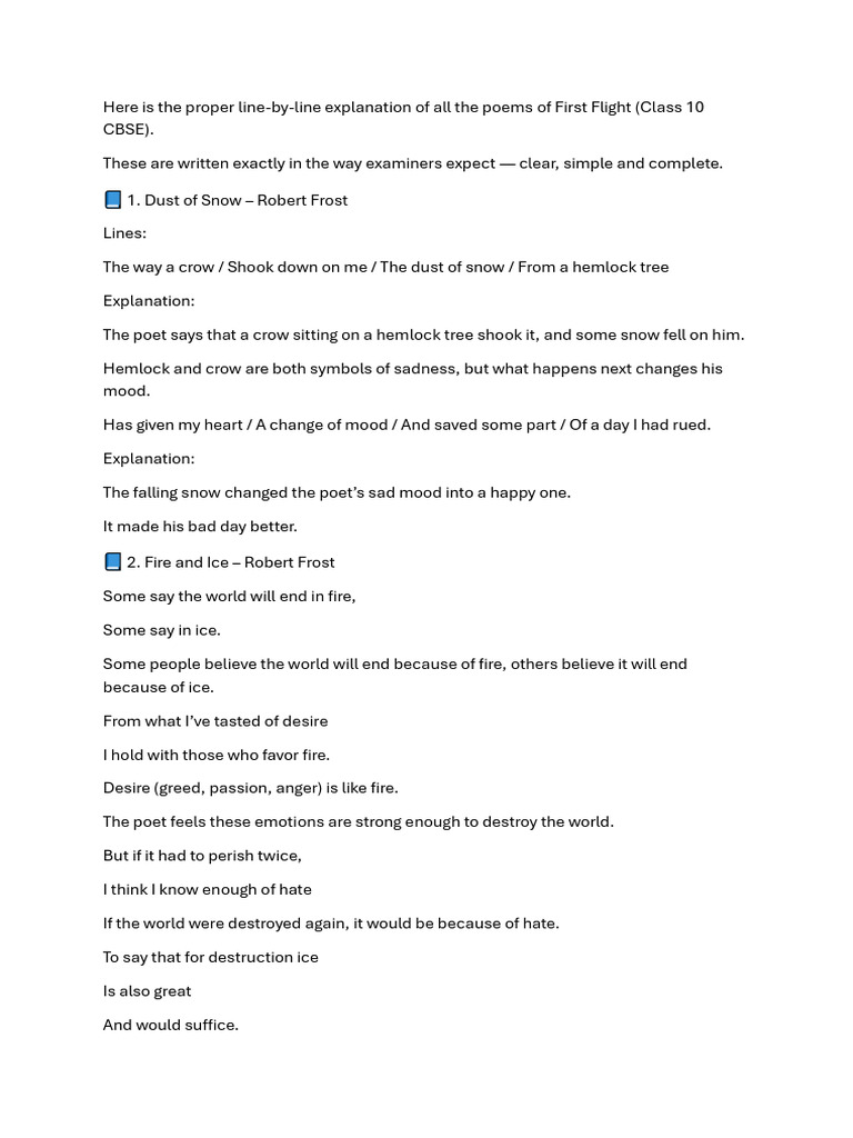 CBSE Class 10 First Flight Poem Explanations | PDF | Hatred