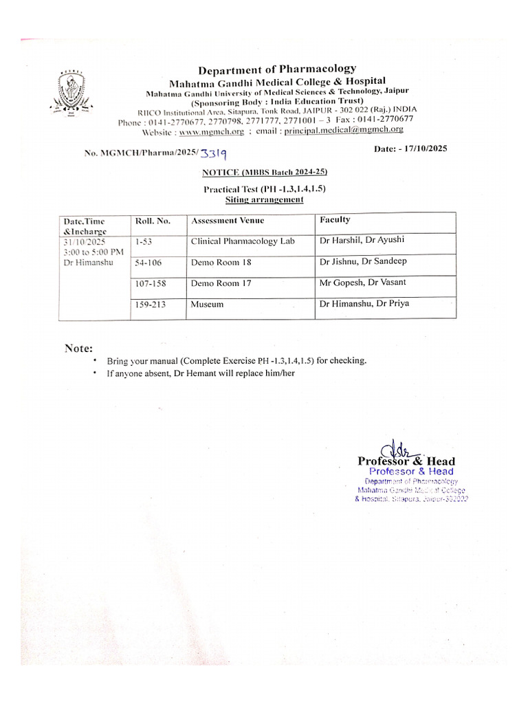 Notice For Siting Arrangement MBBS Batch 2024-25 | PDF