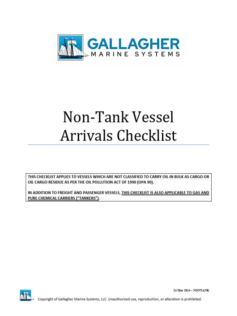 GMS Arrivals Checklist Non Tank 14 Mar 2024 | PDF | U.S. Customs And ...