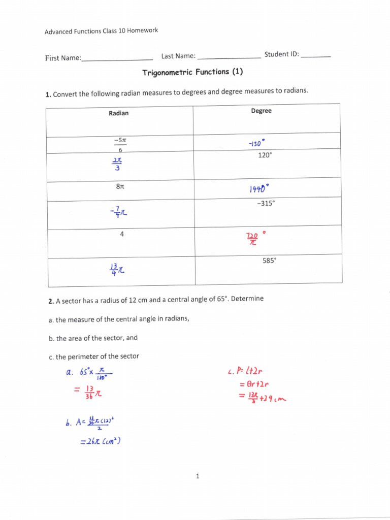 Class 10 AdvancedFunctions Homework Answer Key | PDF
