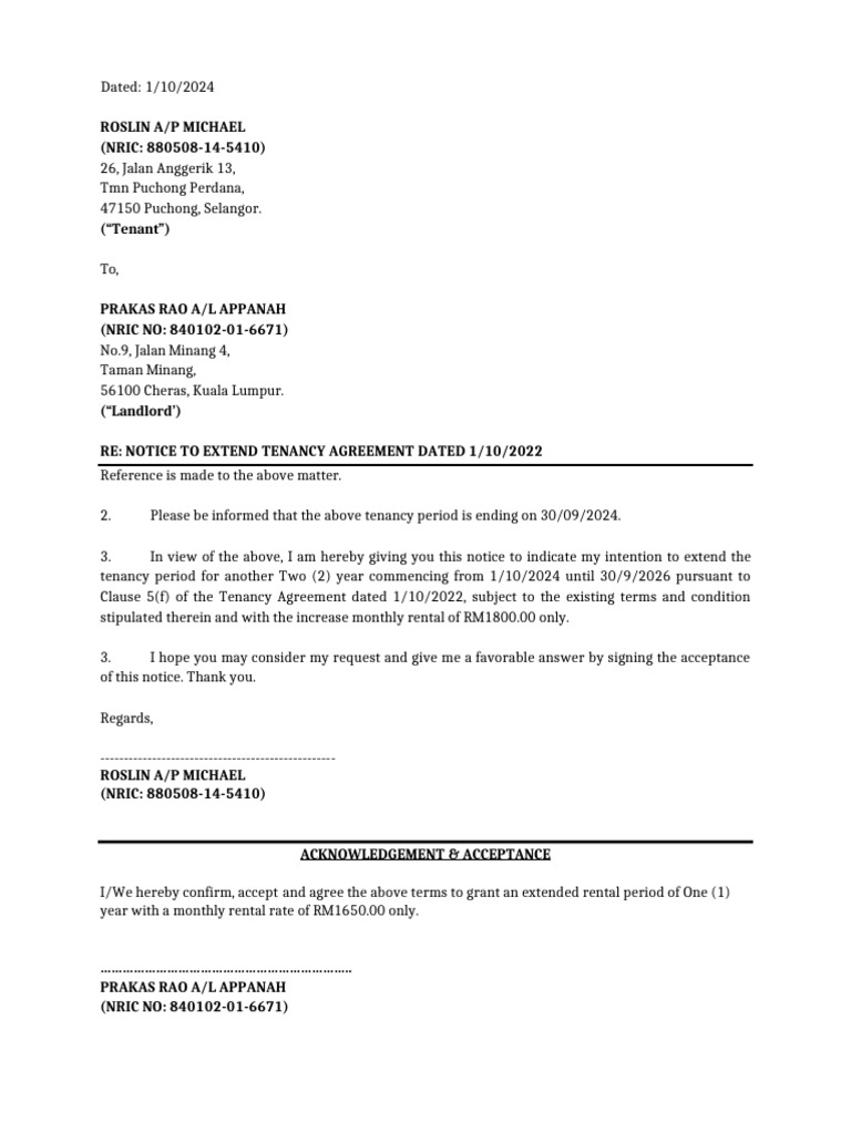 Tenancy Agreement Extension Notice | PDF