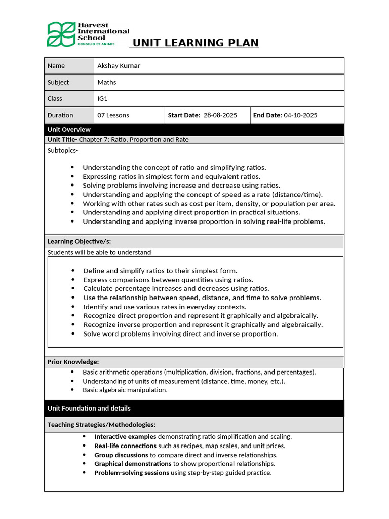 Maths Unit Plan: Ratios & Proportions | PDF | Ratio | Percentage