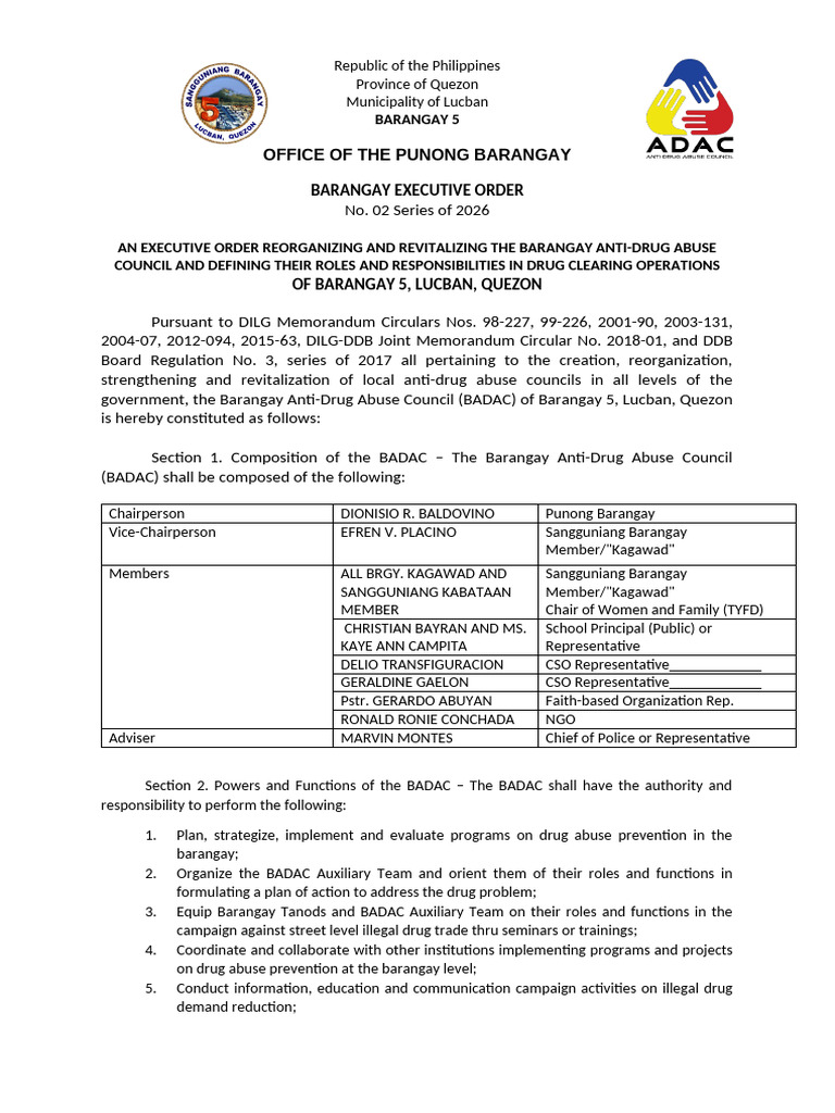 Barangay 5 Anti-Drug Council Reorganization | PDF | Justice | Crime ...