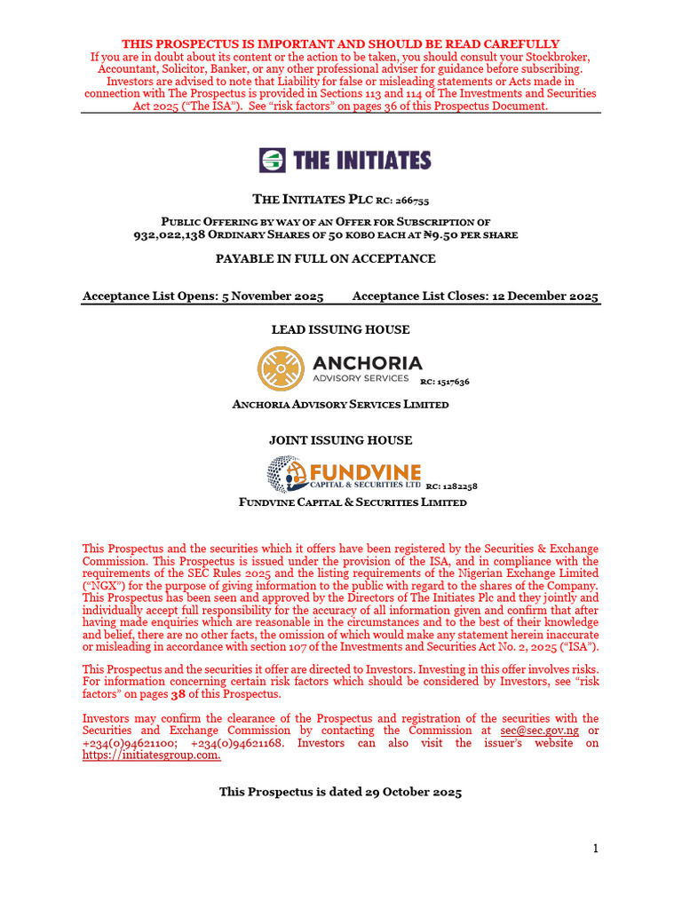 Public Offering Prospectus for The Initiates Plc | PDF | Environmental ...