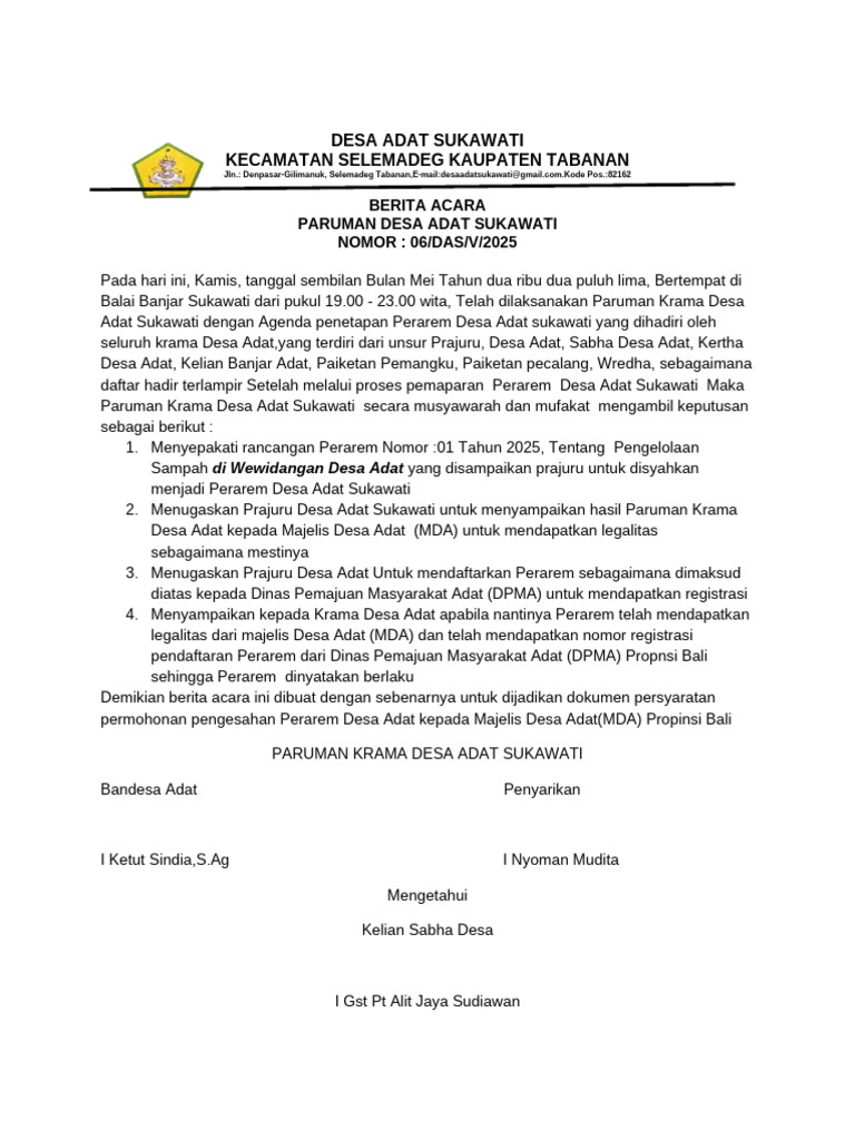 Paruman Desa Adat Sukawati 2025 | PDF