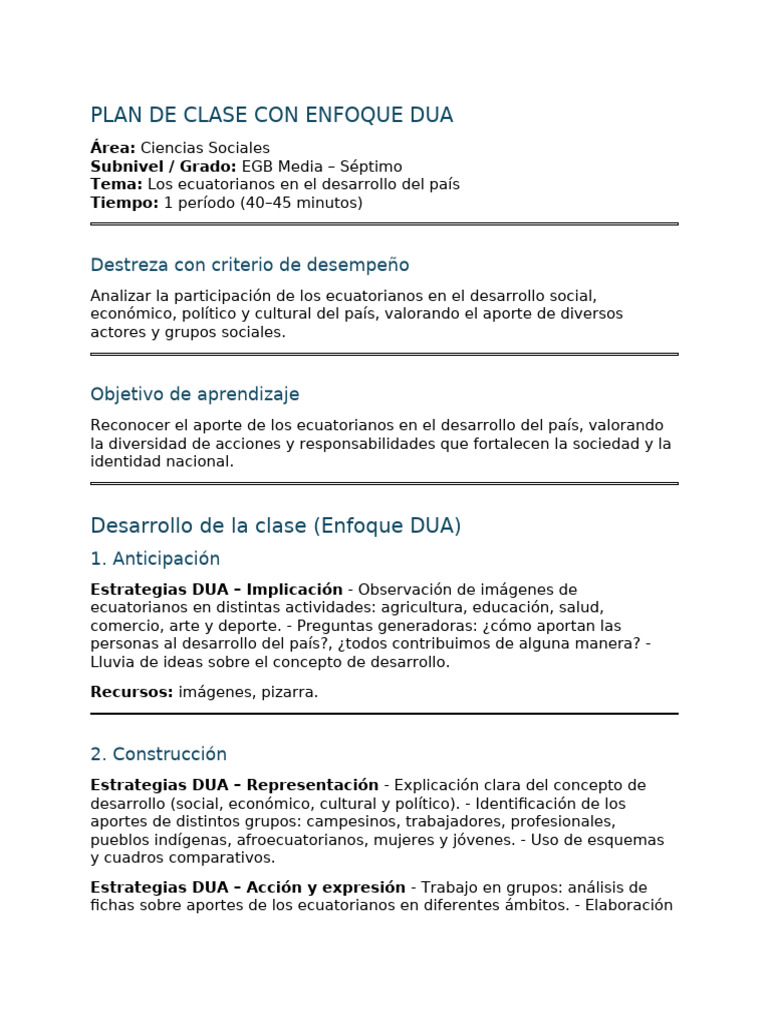 Plan de Clase Dua – Los Ecuatorianos en El Desarrollo Del País (Séptimo Egb) | PDF | Aprendizaje ...