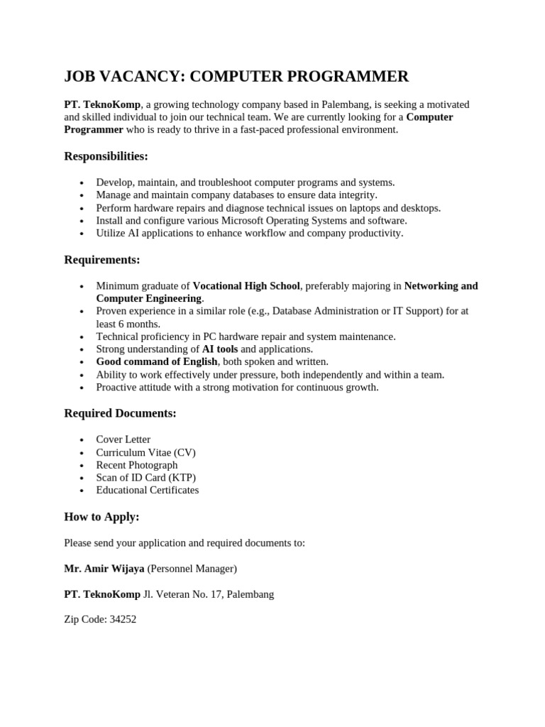 Computer Programmer Job Opening at TeknoKomp | PDF