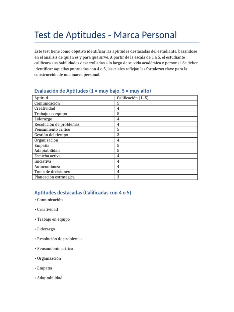 Test Aptitudes Resuelto Marca Personal | PDF | Toma de decisiones ...