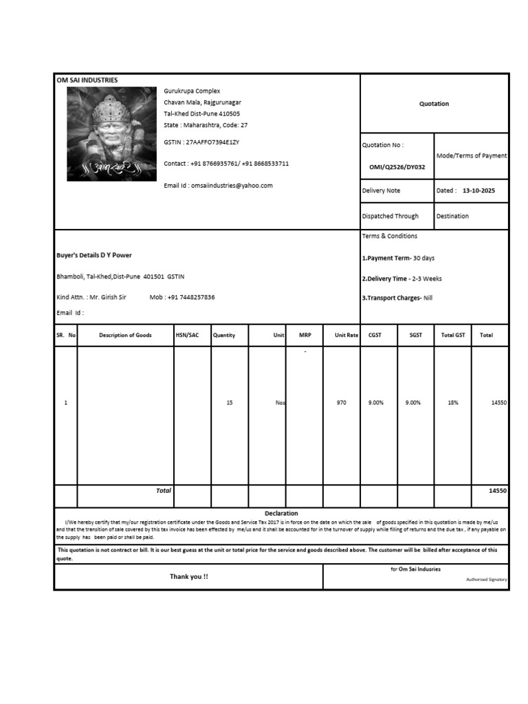 Quotation for Goods from Om Sai Industries | PDF | Taxes | Payments