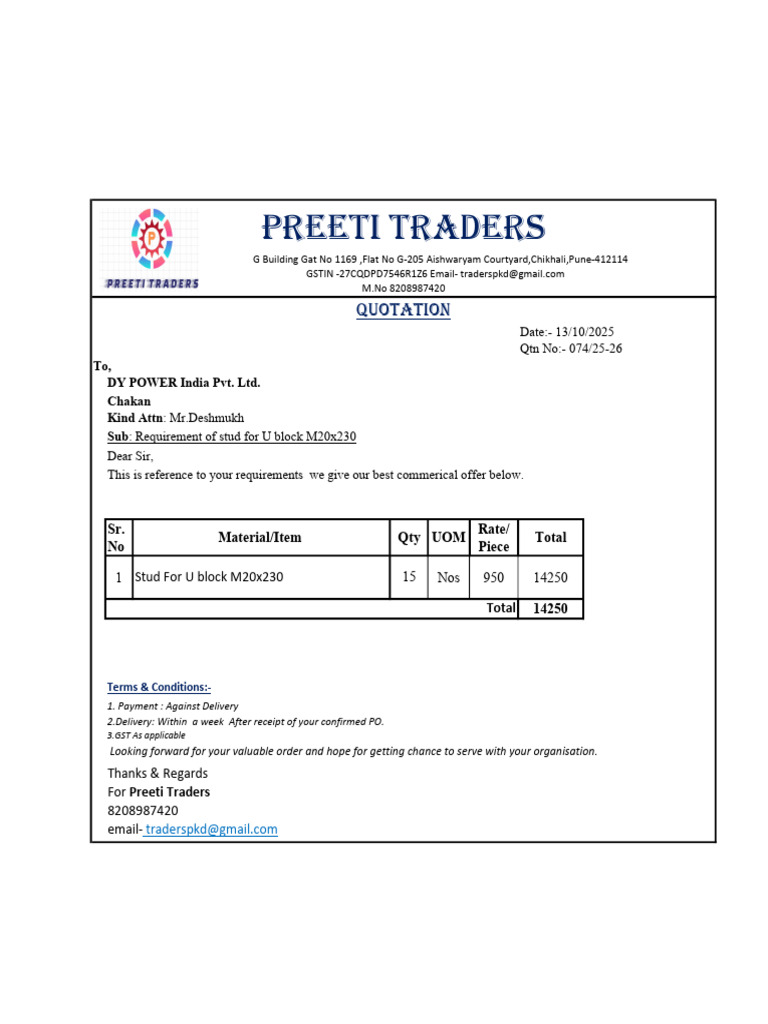 Preeti Traders Initial Quotation | PDF