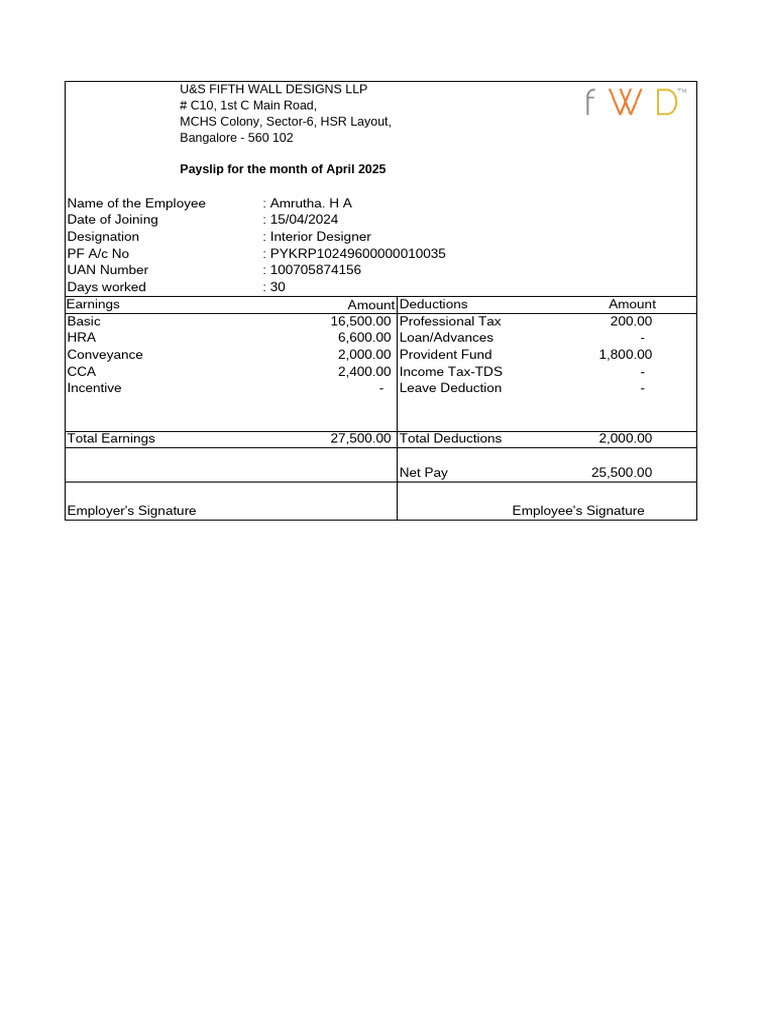 Amrutha Pay Slip April 2025 | PDF