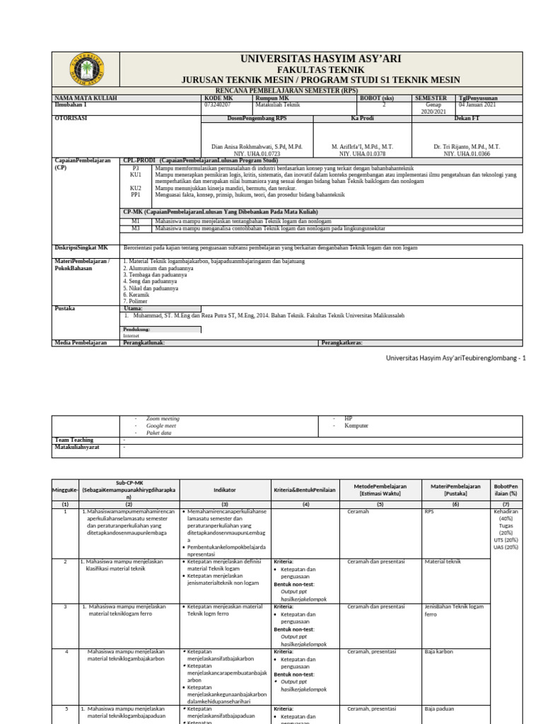 RPS Mata Kuliah Bahan Teknik Mesin | PDF