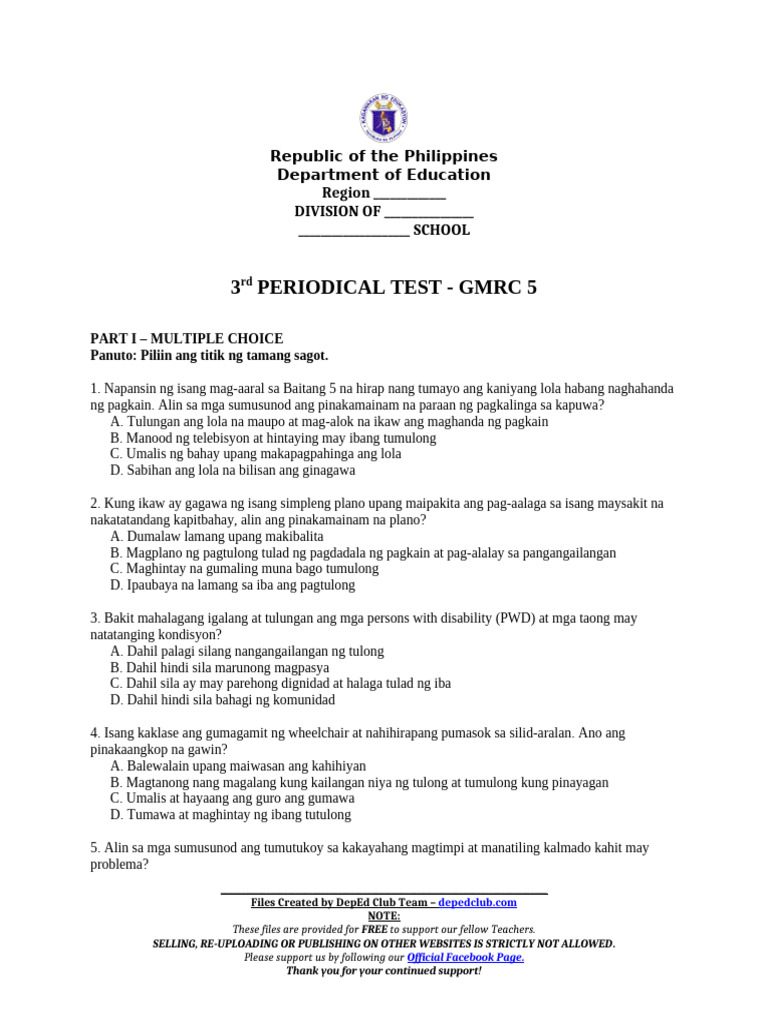 DTC - PT - q3 GMRC 5 Matatag With Tos Key | PDF