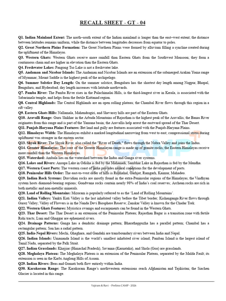 Recall Sheet - Gt - 04 | PDF | Himalayas | Physiographic Divisions