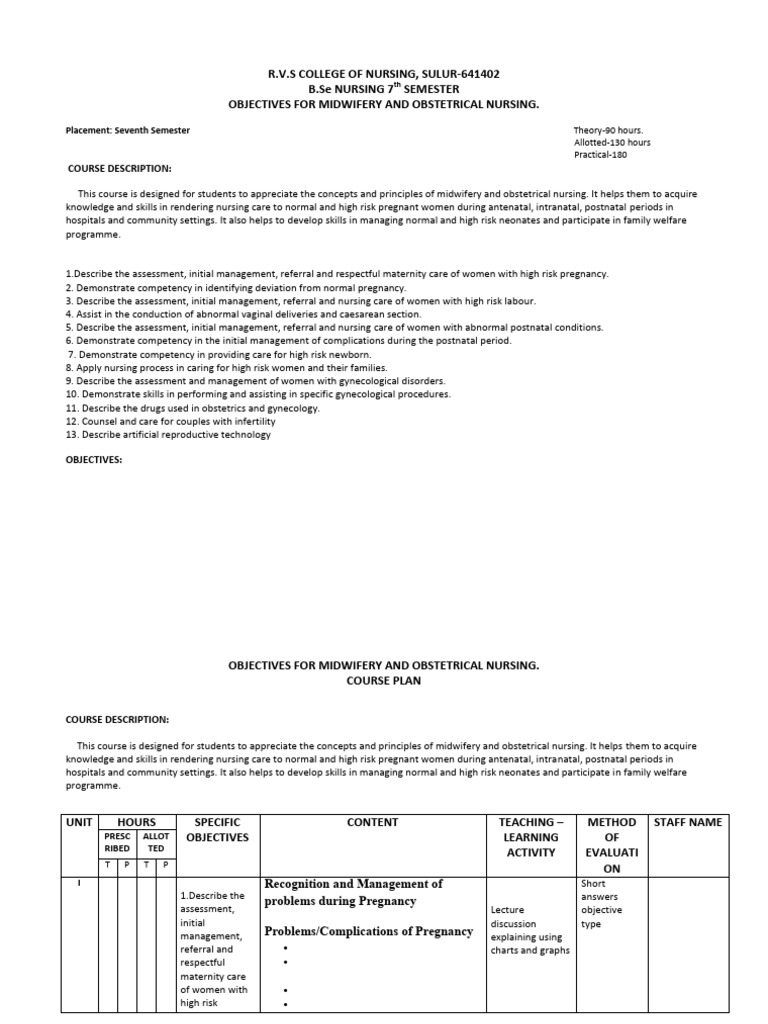 Obg Course Plan 2nd | PDF | Childbirth | Obstetrics