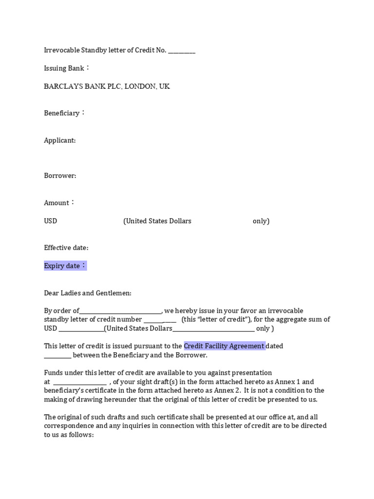 Irrevocable Standby Letter of Credit Template | PDF | Letter Of Credit ...