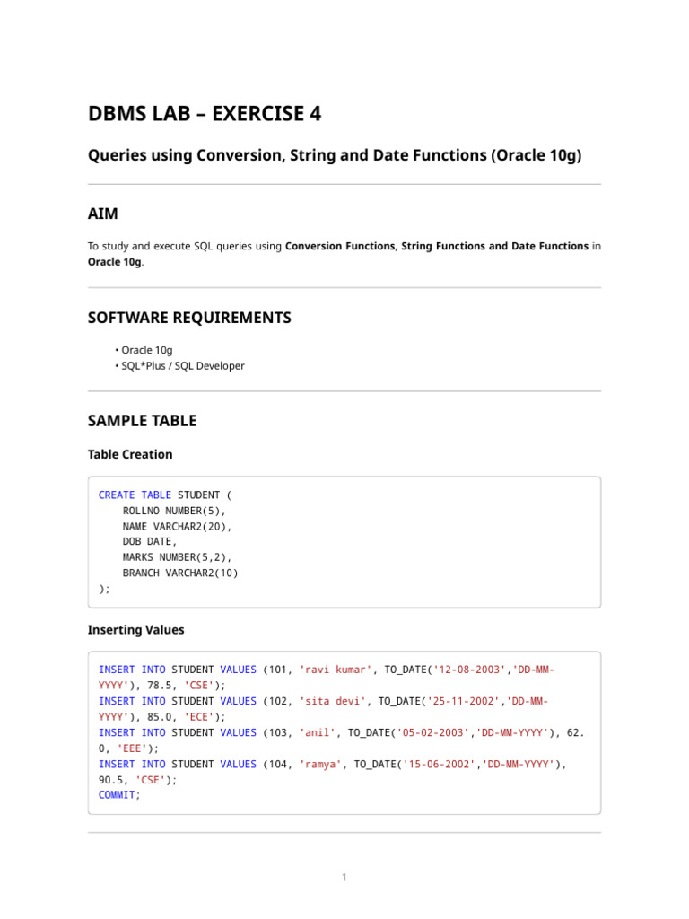 Dbms Lab – Exercise 4 (Oracle 10g) | PDF | Letter Case | Sql