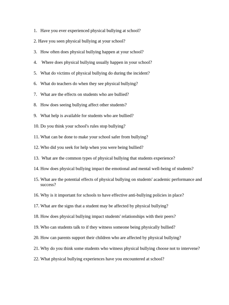 Survey Questions (Physical Bullying) Group 2 Copy | PDF