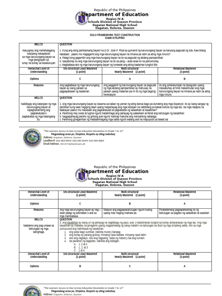 q1 Fil 8 Exam RBT Solo (For Printing) | PDF