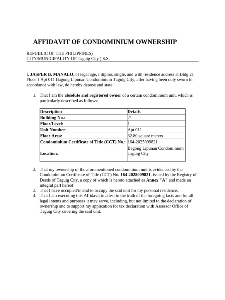 Affidavit of Condominium Ownership | PDF