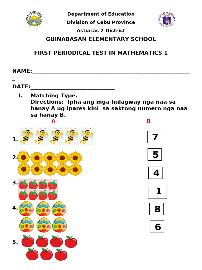 First Periodical Math Test for Grade 1 | PDF | Mathematics