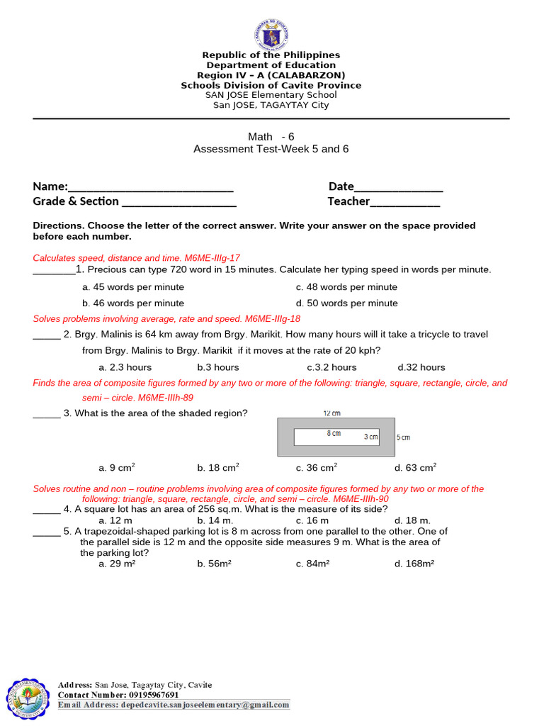Grade 6 Math Assessment: Speed & Area | PDF | Area | Elementary Mathematics