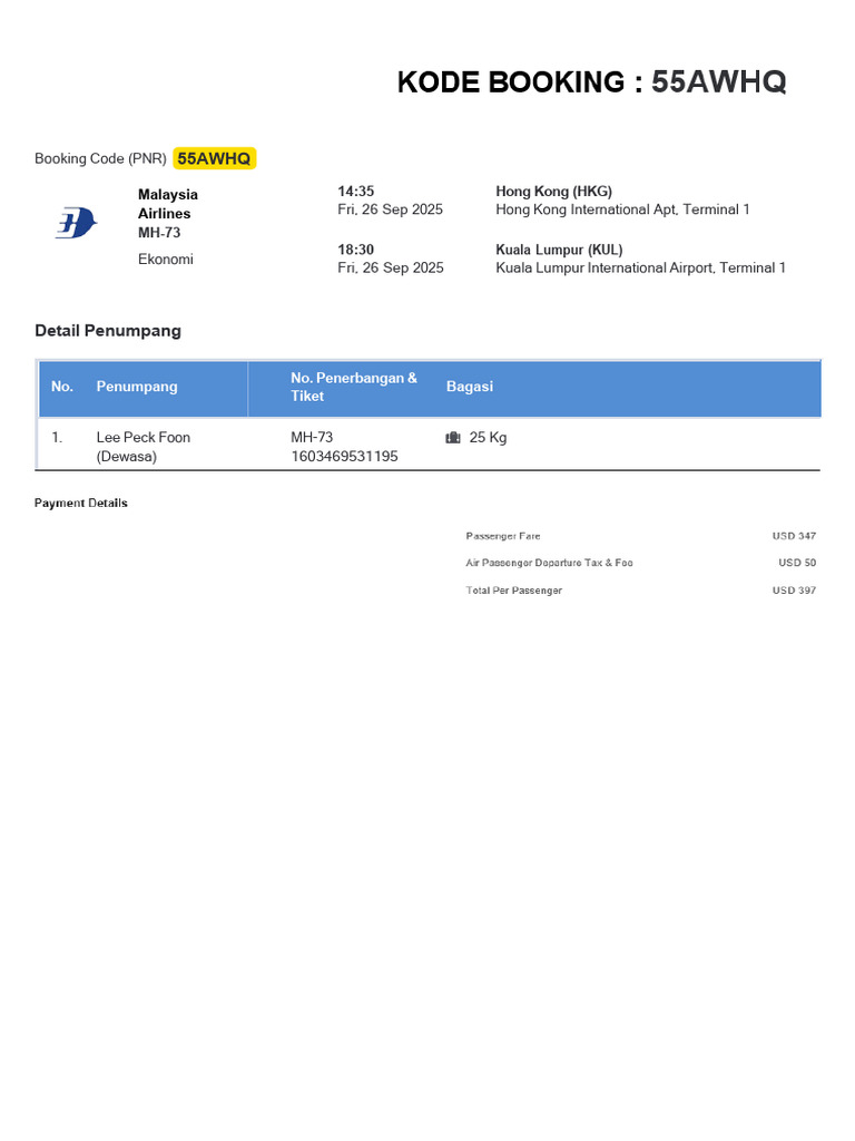 Malaysia Airlines Flight MH-73 Details | PDF
