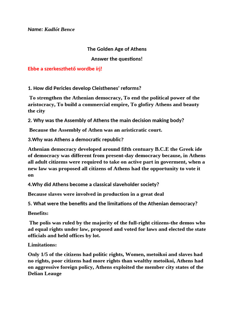 The Golden Age of Athens. Questions | PDF