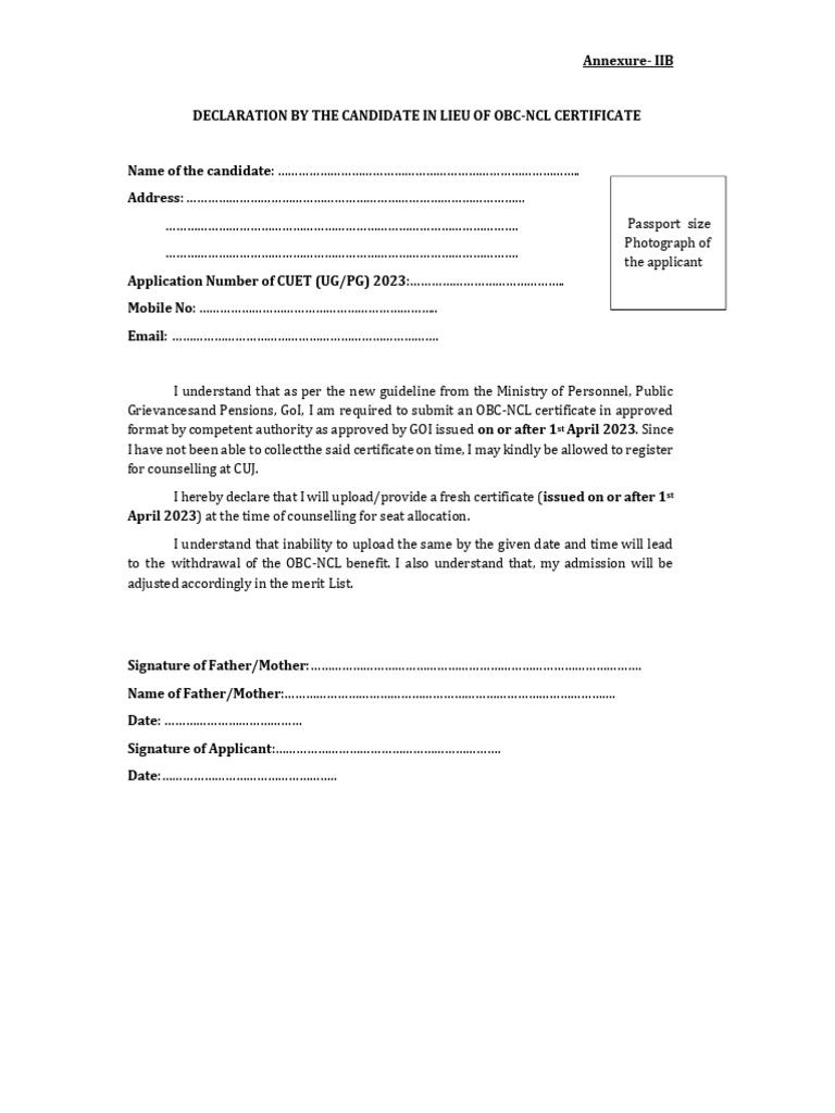 OBC-NCL Certificate Declaration Form | PDF