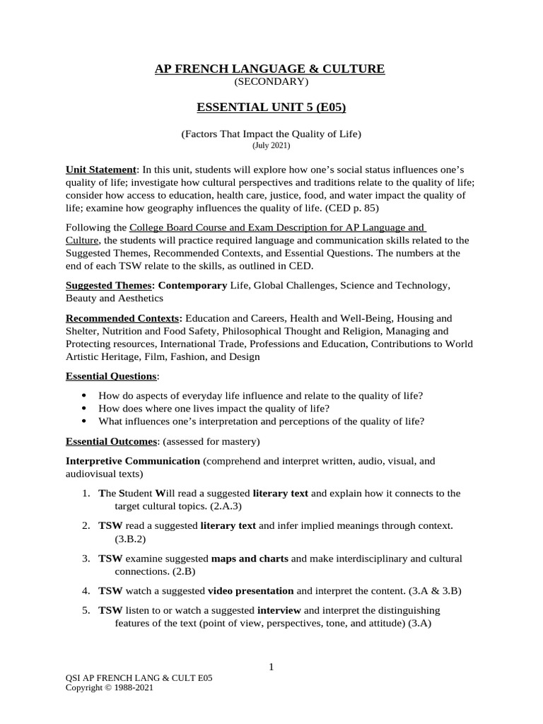 AP French l&c e05 Quality of Life | PDF | Vocabulary | Communication
