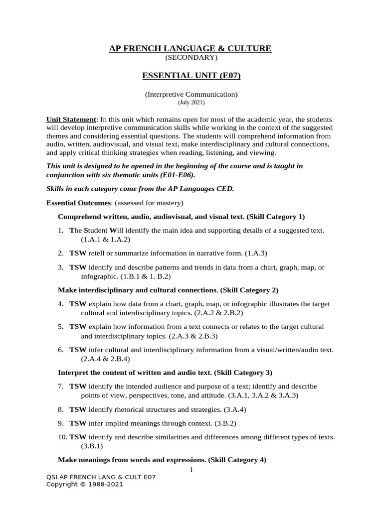 AP French Language Interpretive Skills | PDF | Infographics | Reading ...