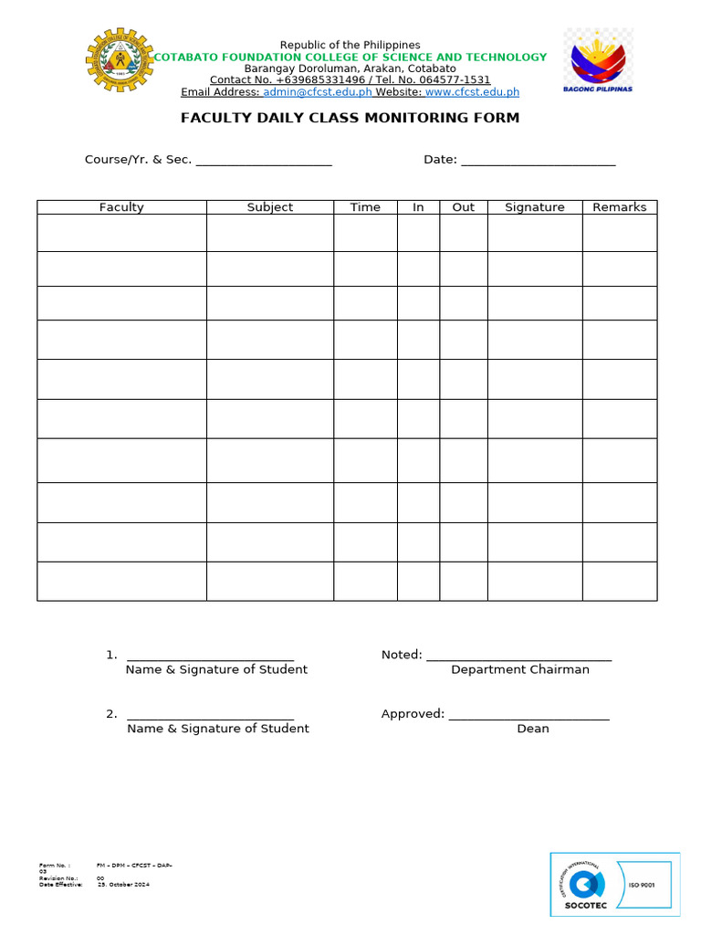 Faculty Daily Class Monitoring Form | PDF