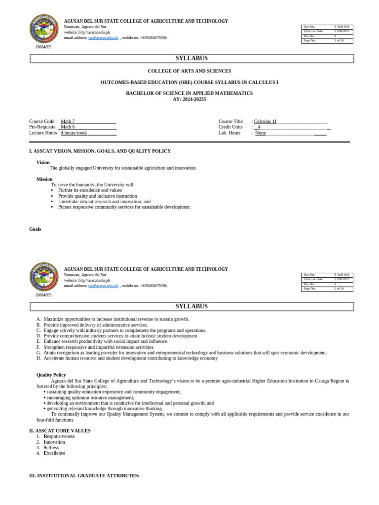 Syllabus New Final Format CALCULUS II | PDF | Mathematics | Integral