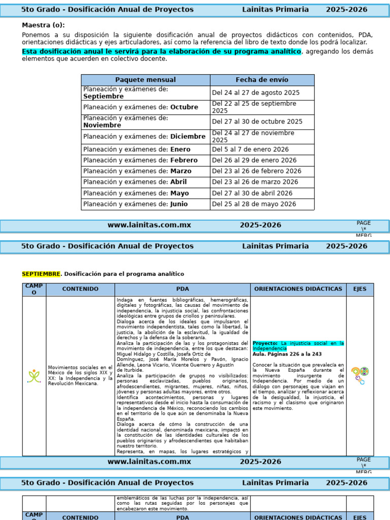 5to Grado - Dosificación Anual Con Contenidos y PDA (2025-2026) (2 ...