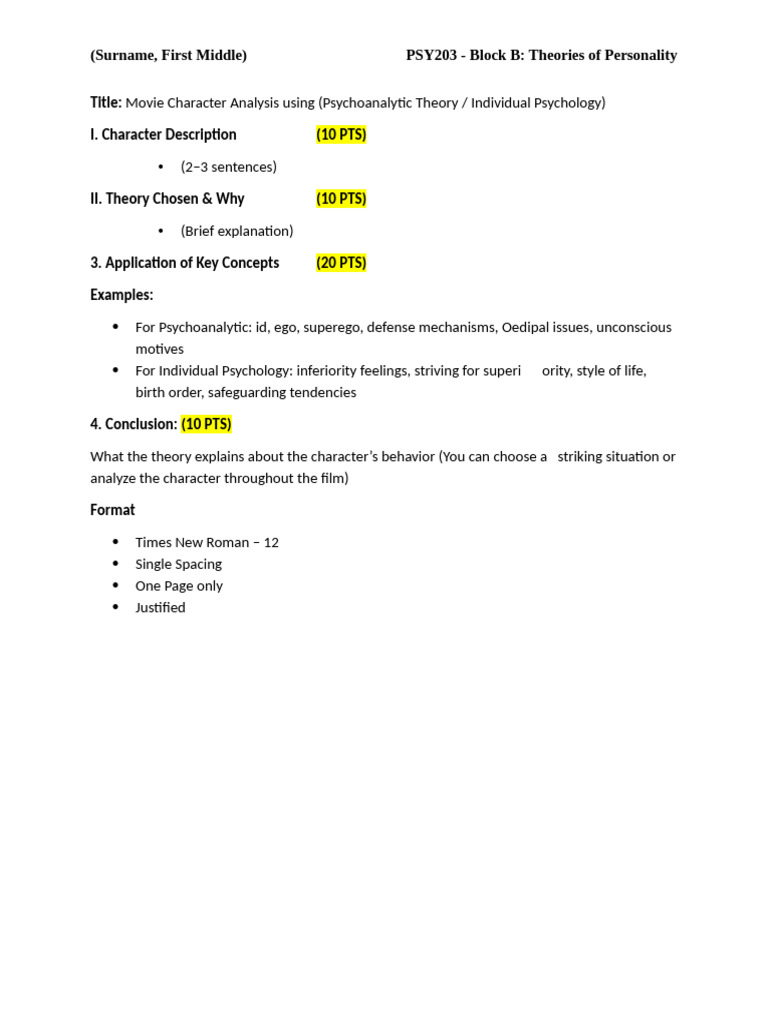 (Surname, First Name) - Movie Character Analysis Format | PDF
