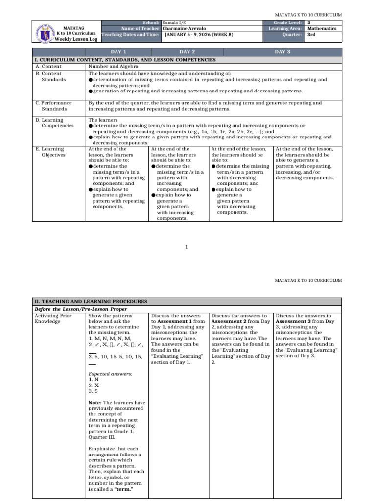 Dll Matatag Math 3 q3 w8 | PDF | Pattern | Curriculum