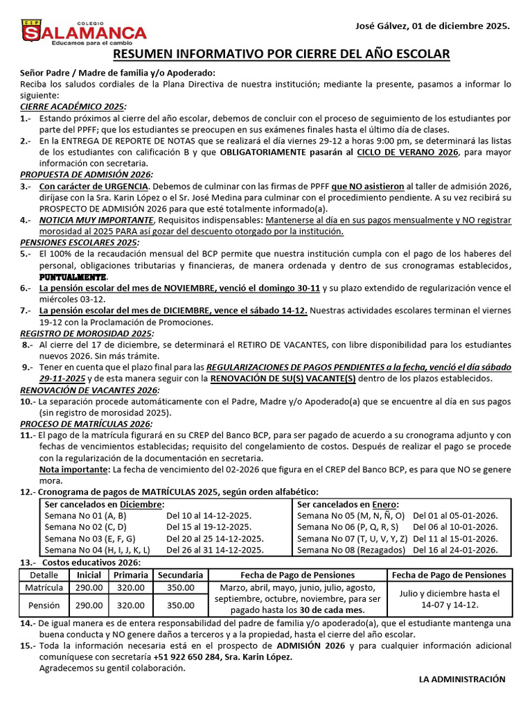 Rol de Examenes y Resumen Informativo Por Cierre Del Año Escolar | PDF ...