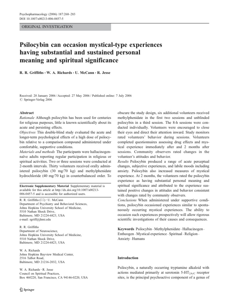 Psilocybin Can Occasion Mystical-type Experiences 2006 | PDF ...