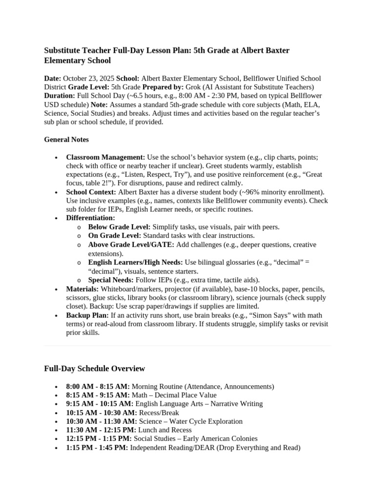 Sub Plan for 5th Grade | PDF | Rain | Water