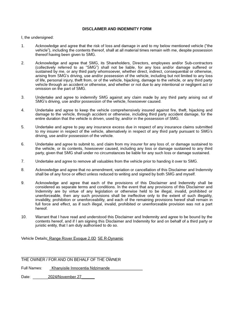 DISCLAIMER AND INDEMNITY FORM -NDZIMANDE | PDF | Indemnity | Insurance