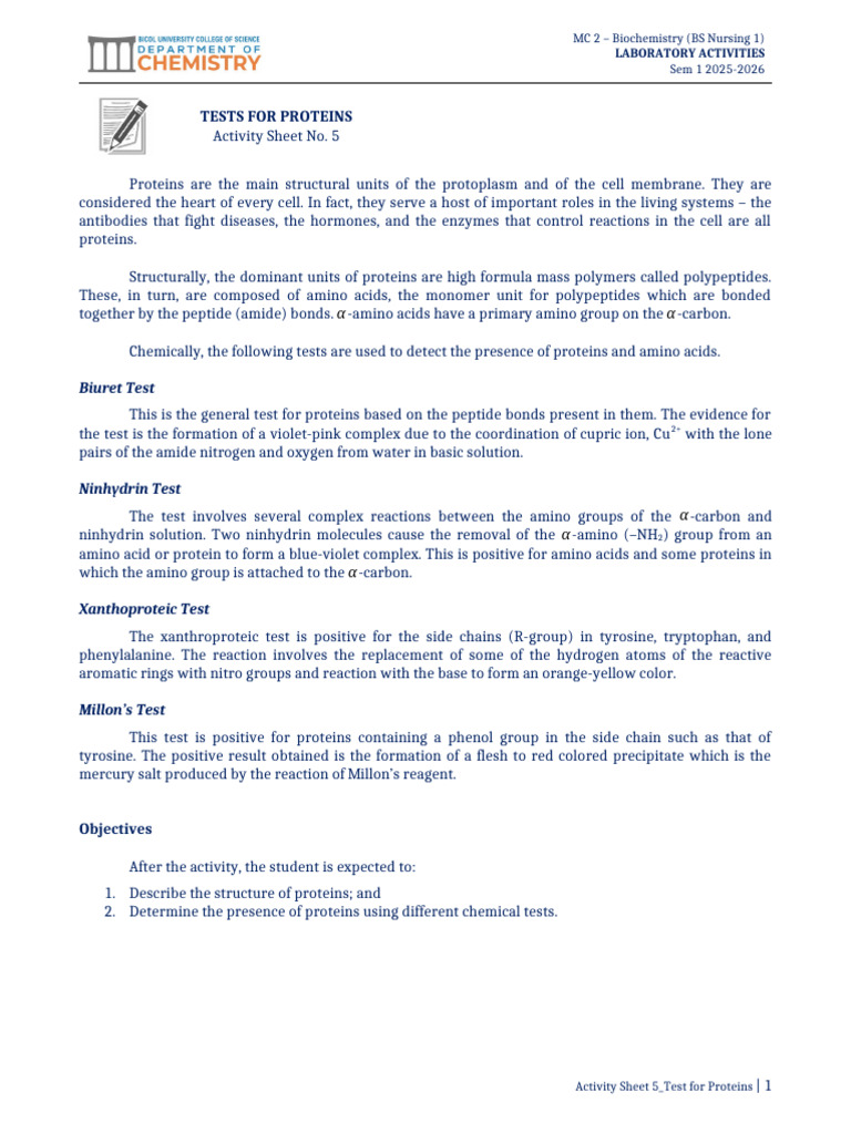 Activity Sheet 5 - TESTS FOR PROTIENS | PDF | Proteins | Amino Acid